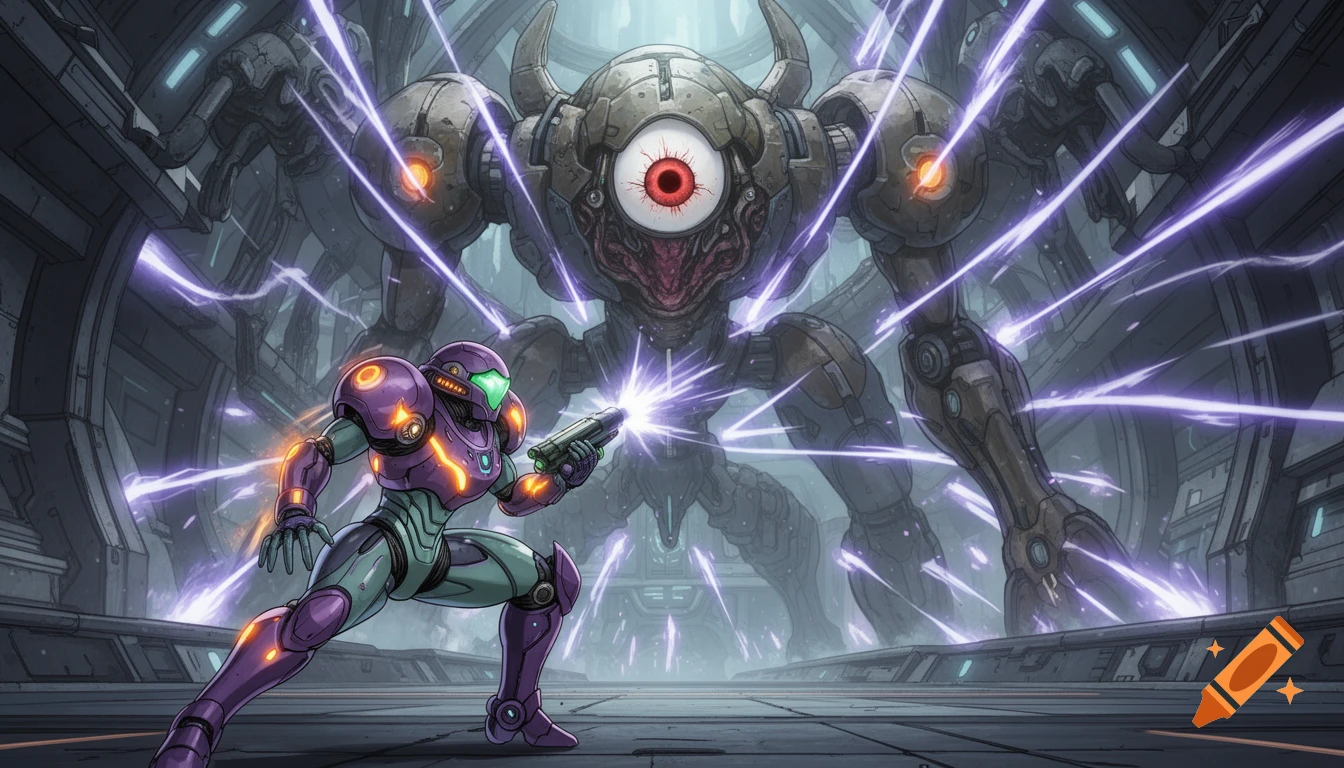 Samus in her Gravity Suit aims an arm cannon at a massive mechanical ...