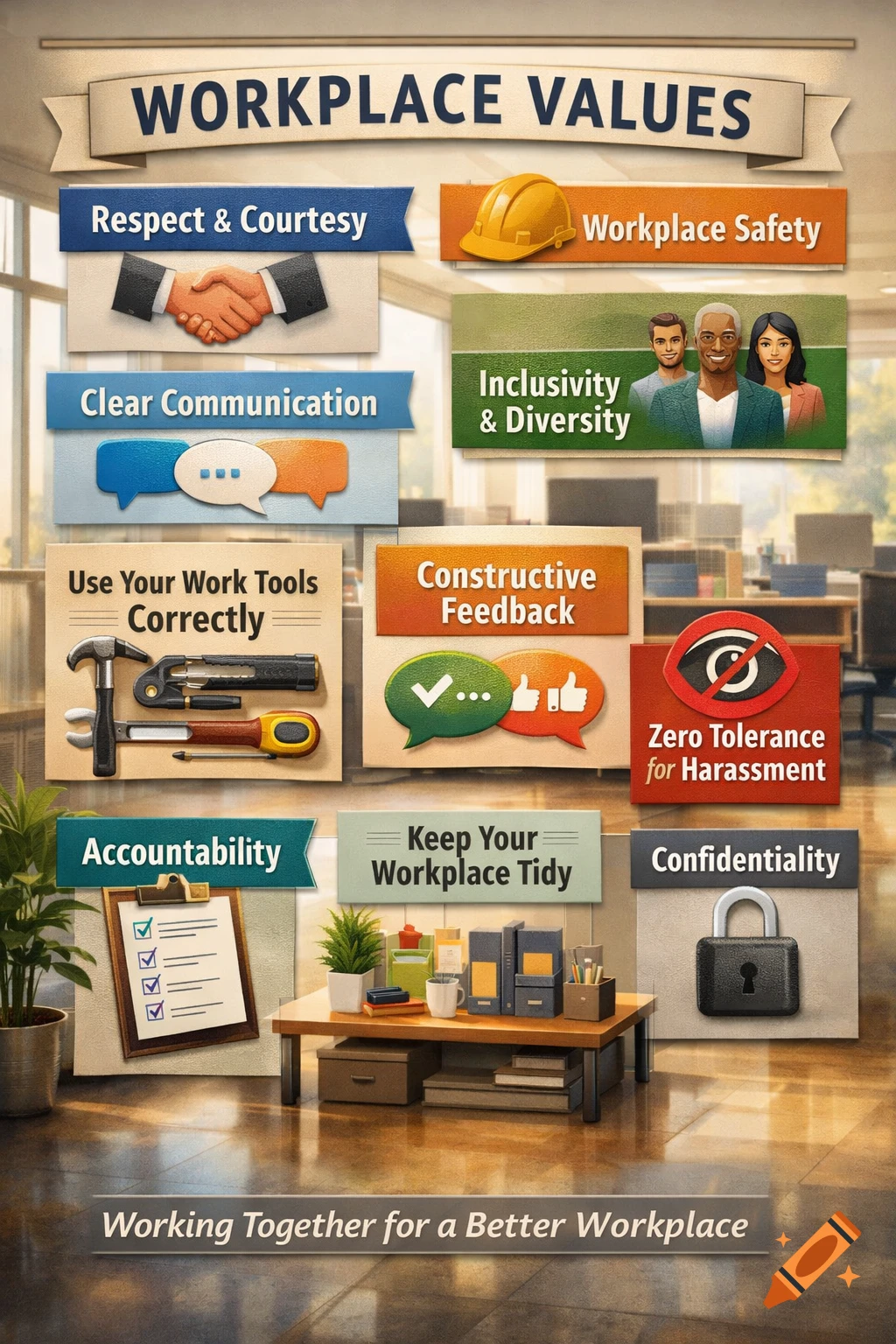 An infographic poster listing eleven workplace values such as "Respect ...
