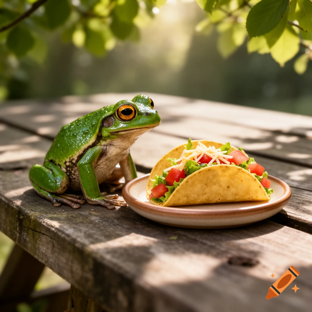A vibrant green frog with striking orange eyes sits beside a taco ...