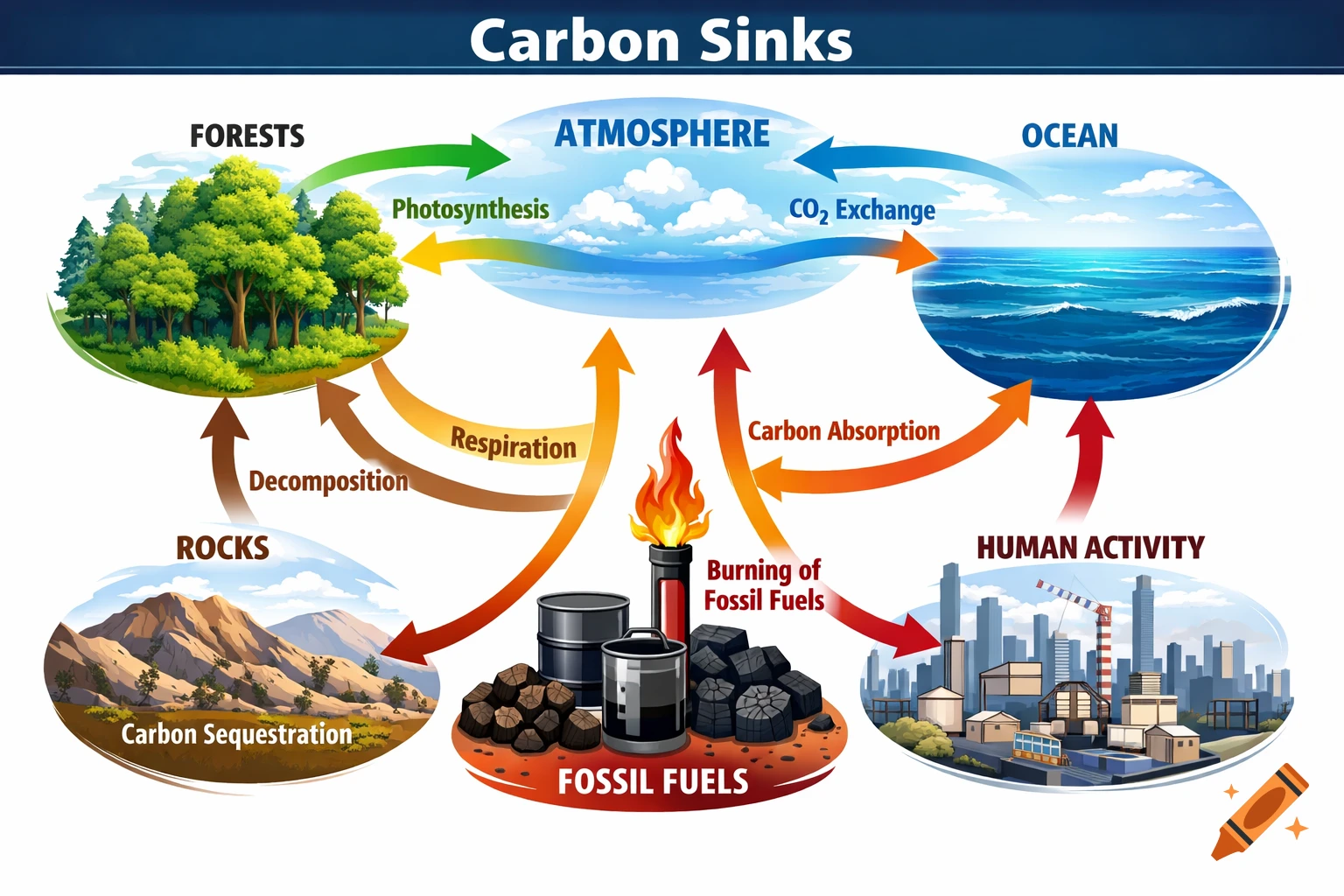 A detailed, colorful diagram illustrating the global carbon cycle ...