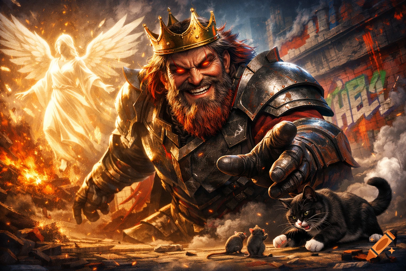 A grinning, armor-clad king with glowing eyes and a crown extends his ...