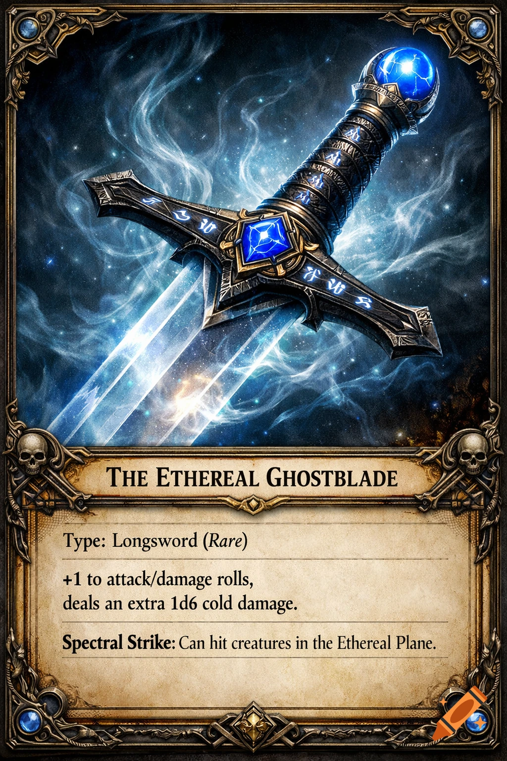 A D&D magic item card with an ethereal ghostblade. The longsword has a ...