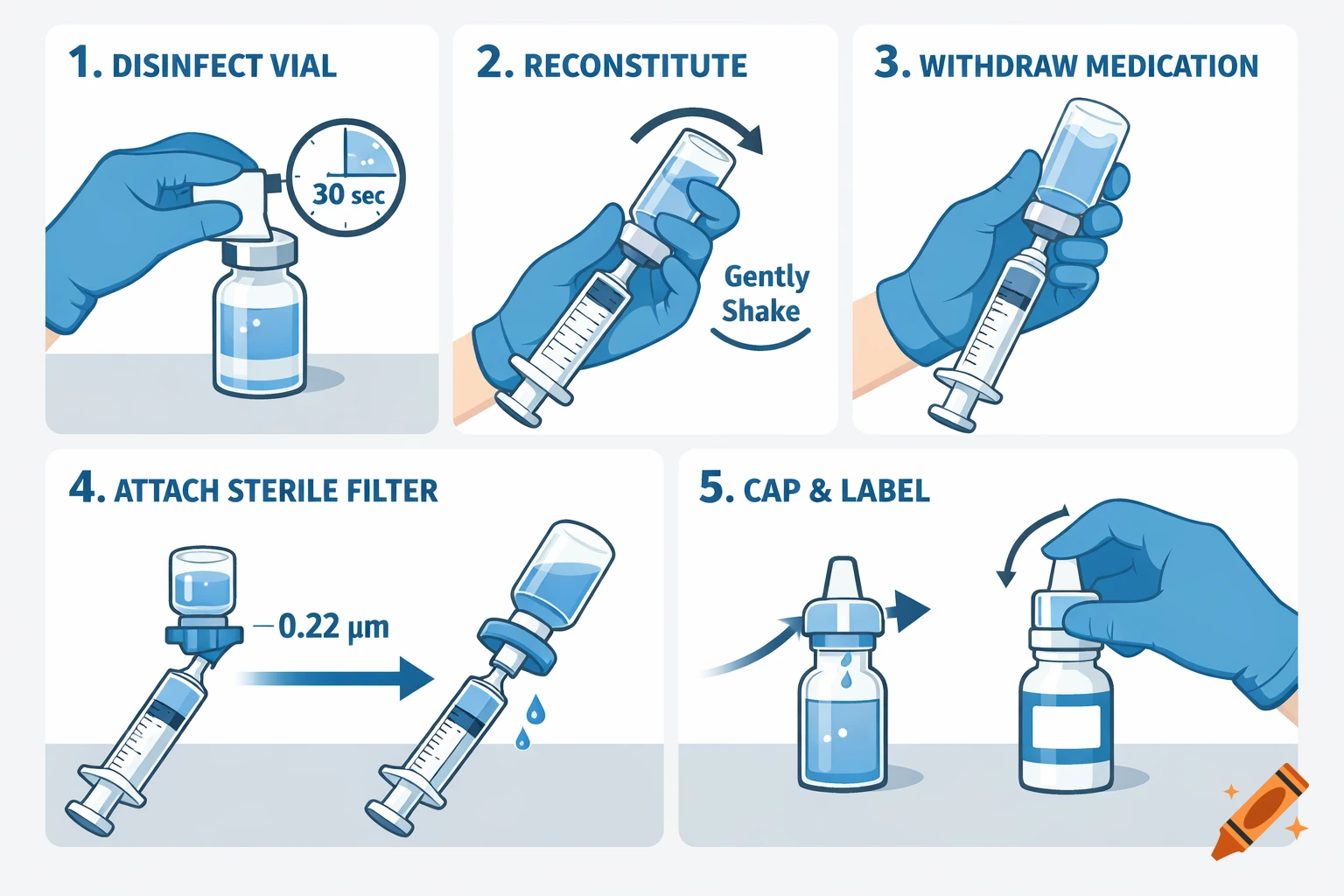 Educational infographic illustrating 5 steps for safely handling vials ...