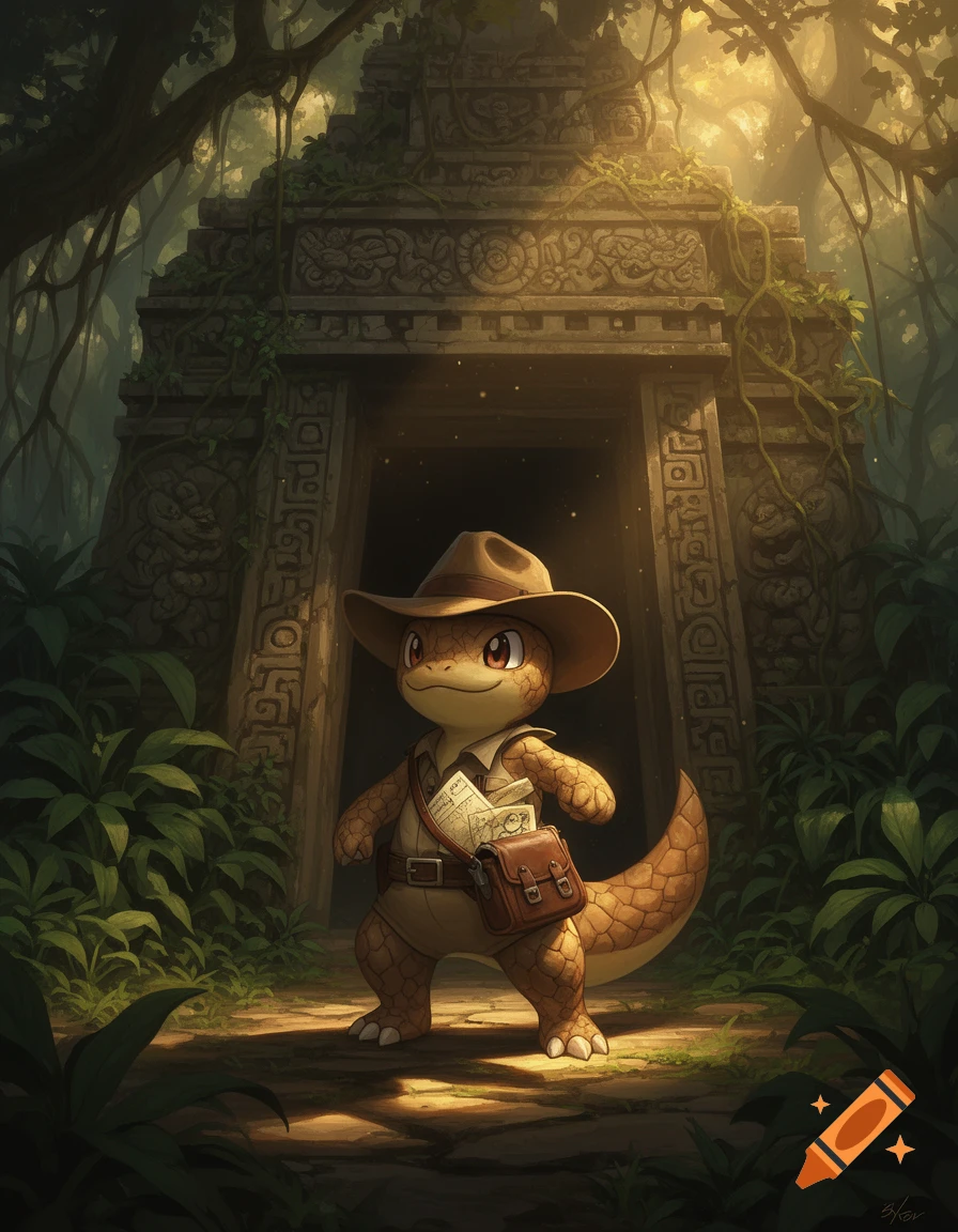 A charming, reptilian, explorer Pokemon-like creature in a hat and ...