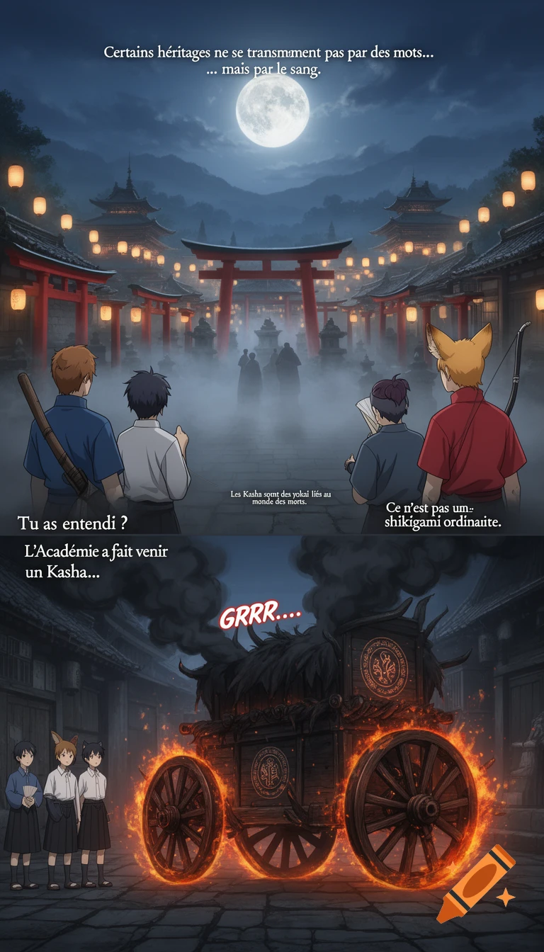 An anime scene at night in a spiritual Japanese town with torii gates ...