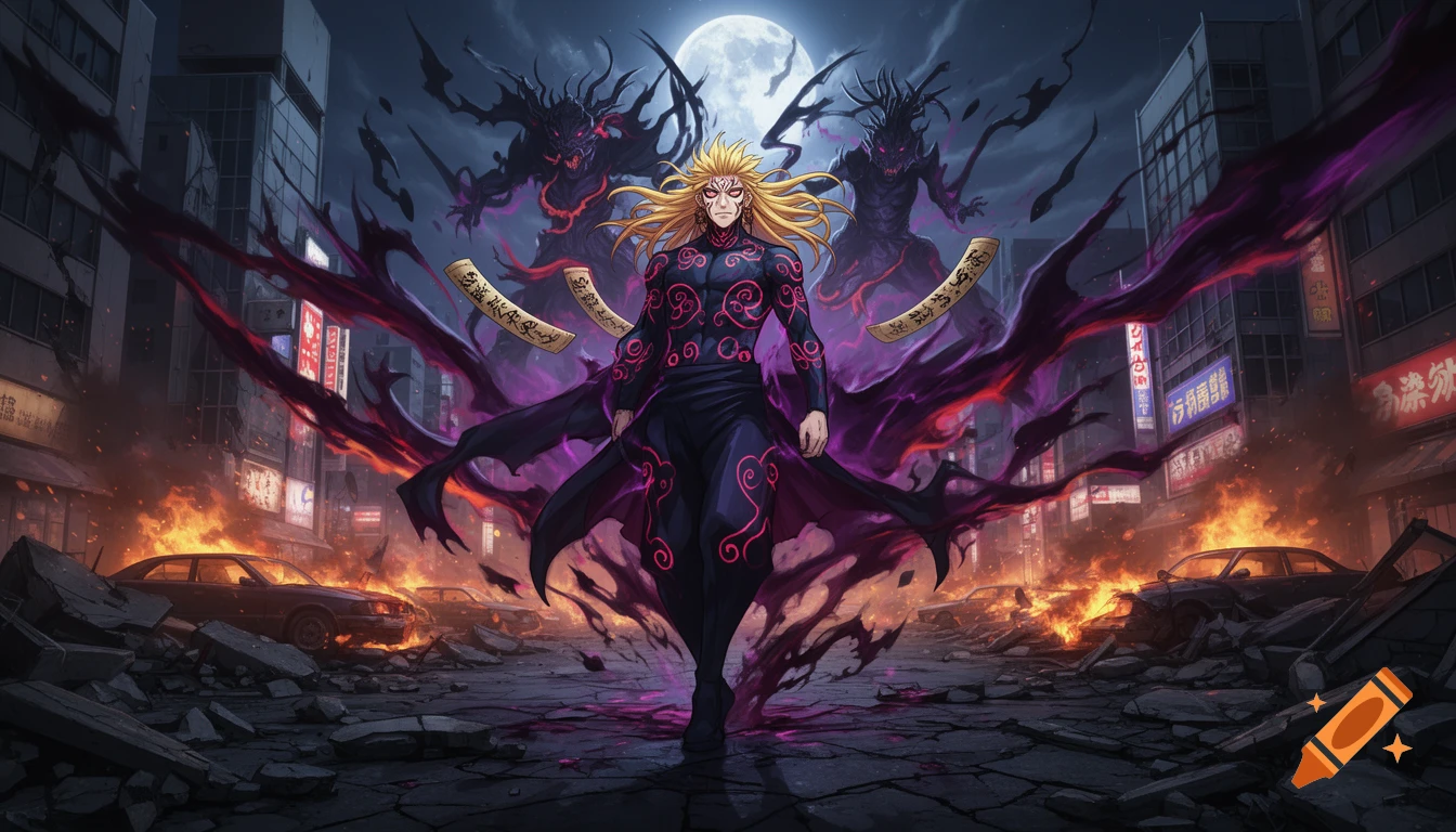 An anime-style image of a powerful blonde-haired warrior with facial ...