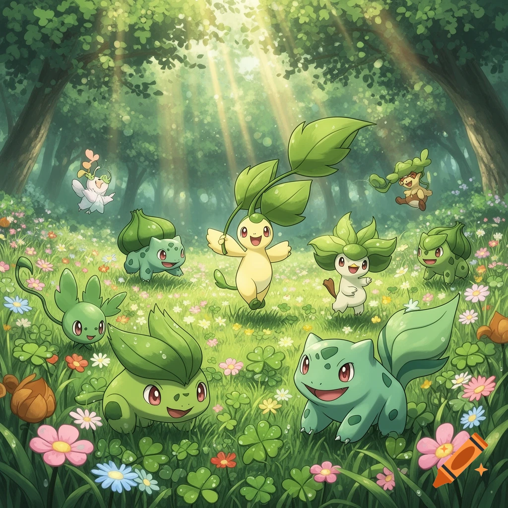Cartoon grass-type Pok mon, including Chikorita and Bulbasaur, play in ...