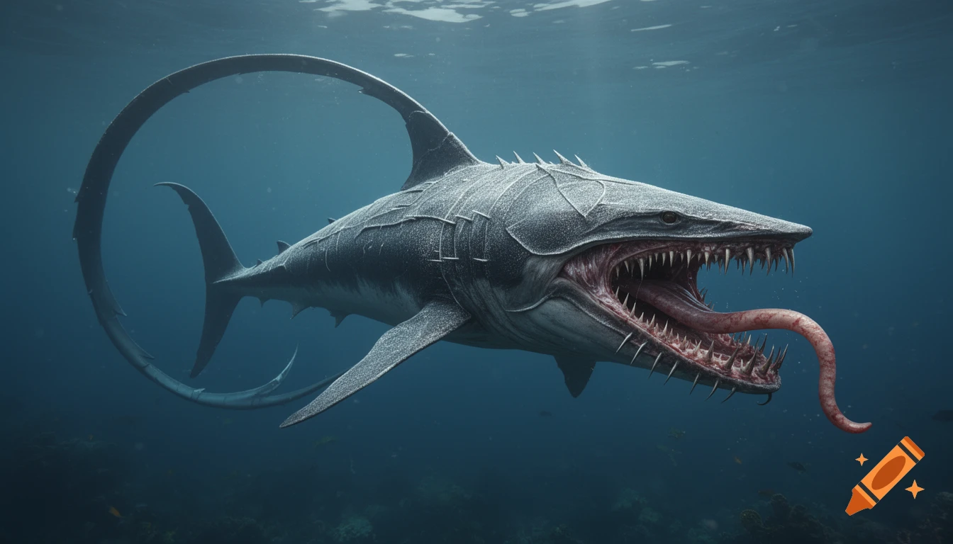 A terrifying, monstrous shark-like creature with a long, worm-like ...