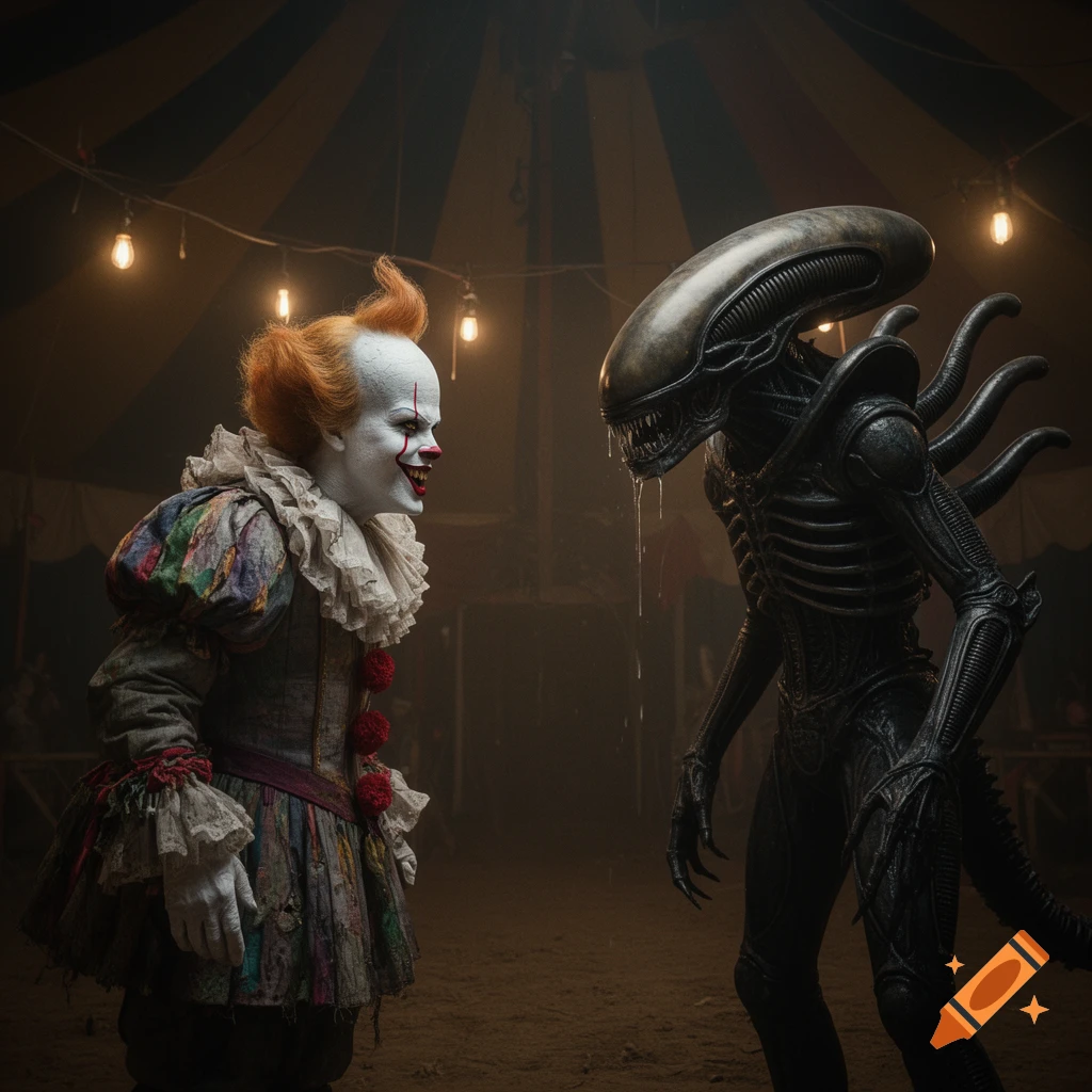 Pennywise the clown faces off against a Xenomorph in a dimly lit circus ...