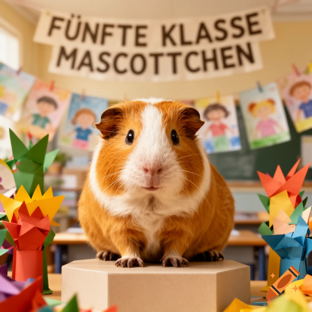 A photorealistic guinea pig sits on a box in a classroom with a banner ...