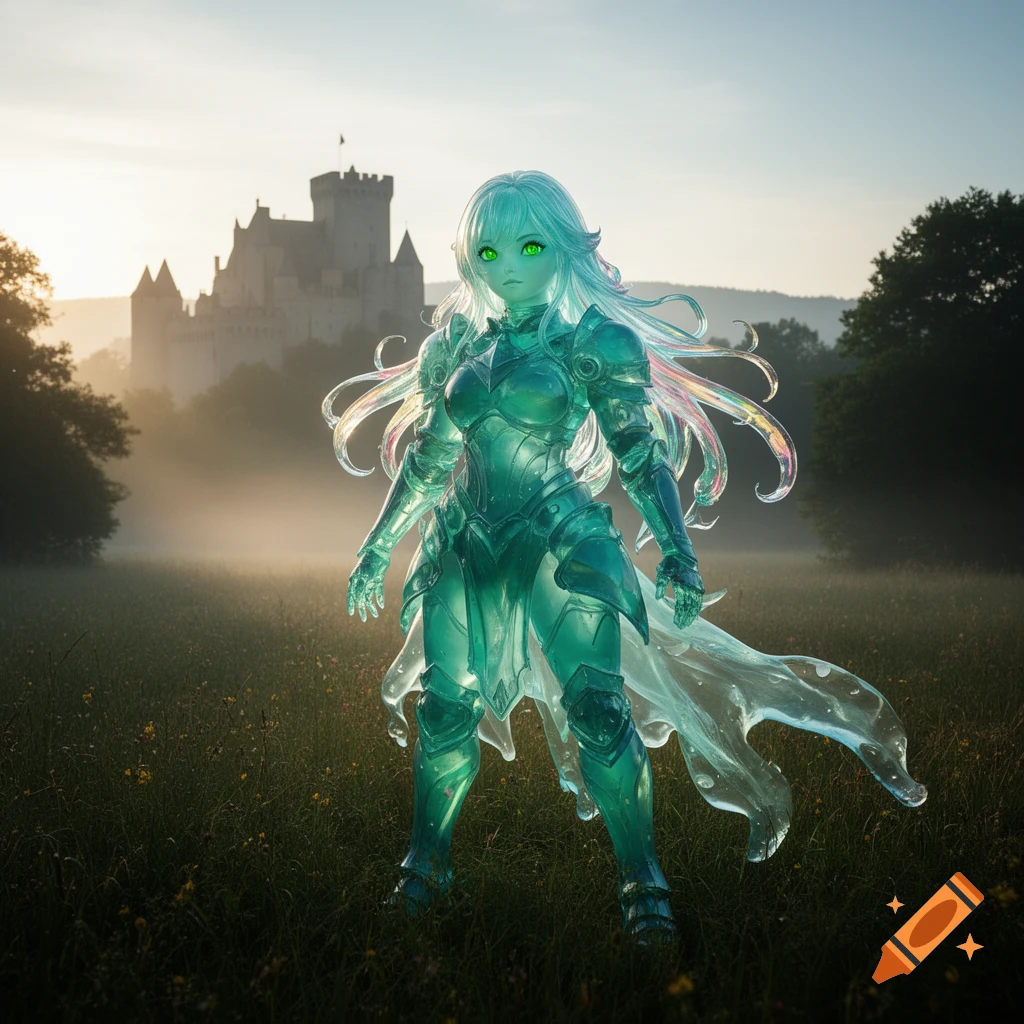 A translucent, teal-green slime girl paladin with glowing green eyes ...