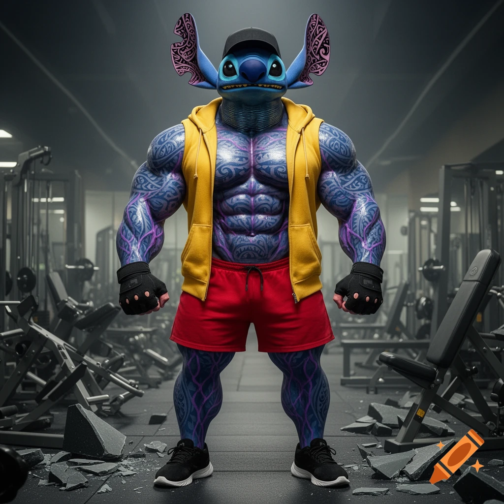 Stitch from Lilo & Stitch, reimagined as a heavily tattooed bodybuilder ...
