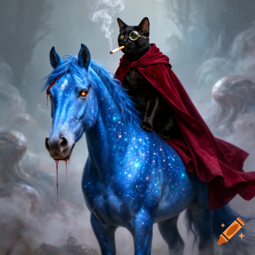 A dapper black cat in a red cape and monocle, smoking a cigarette ...
