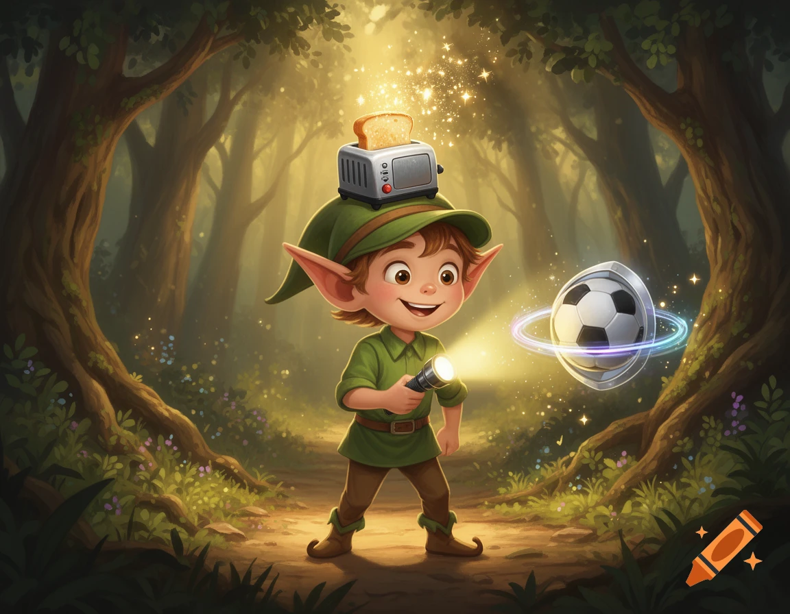 A cheerful, pointy-eared elf character with a toaster hat and a glowing ...