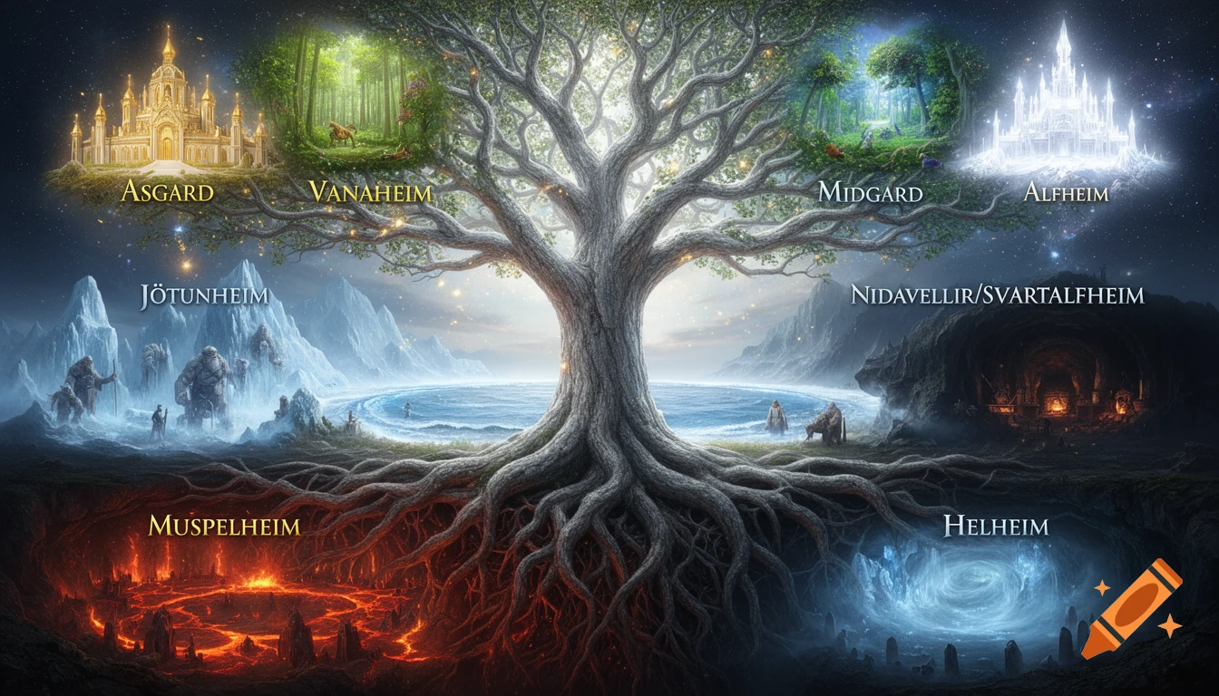 A panoramic depiction of Yggdrasil, the world tree, connecting nine ...