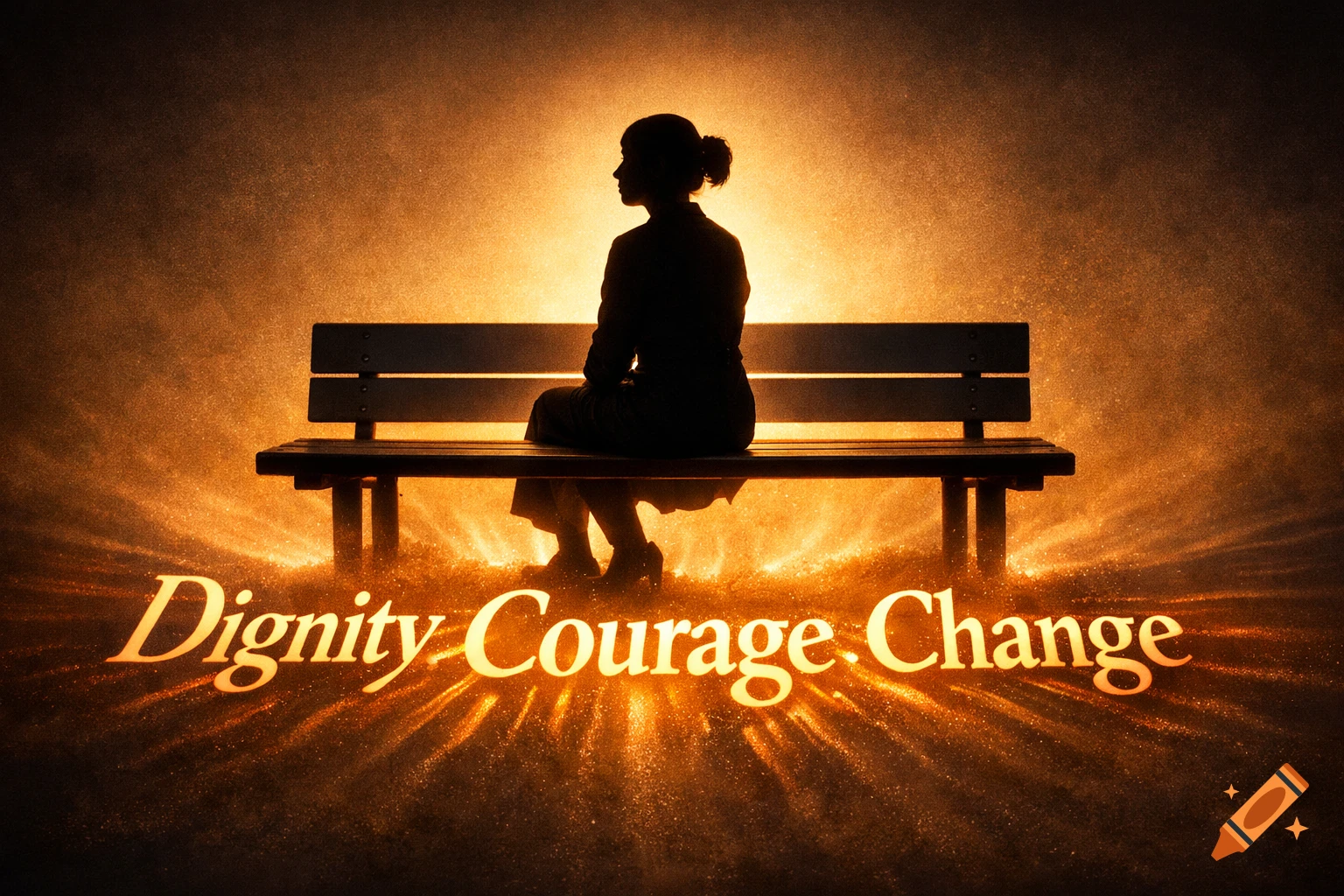 A silhouette of a woman sitting on a bench against a glowing orange ...