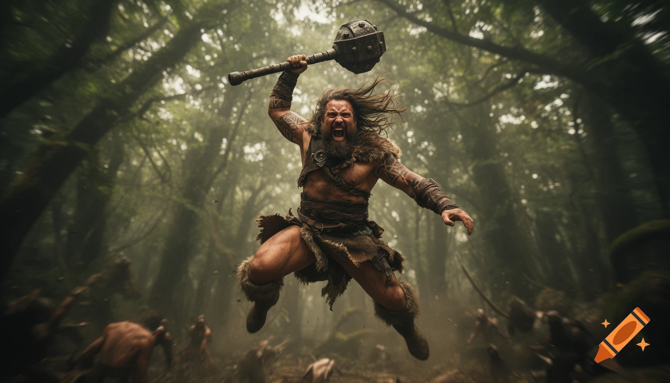 Angry barbarian warrior leaping with a mace in a forest battle ...