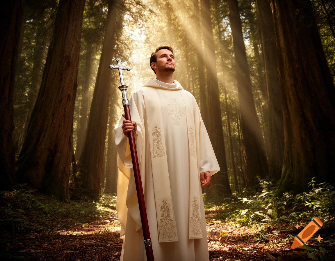A photorealistic image of a male cleric in a white robe, holding a ...