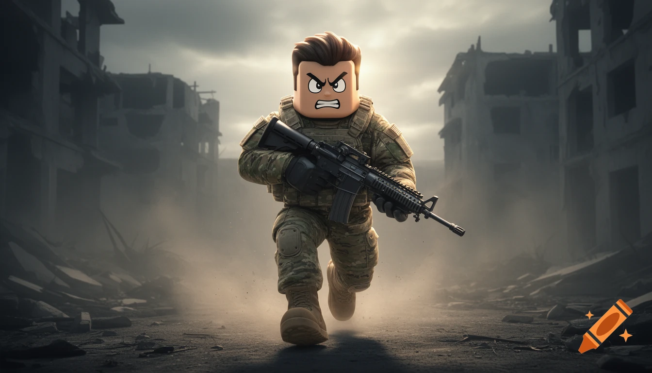 Stylized Roblox soldier character with an angry expression, holding a ...
