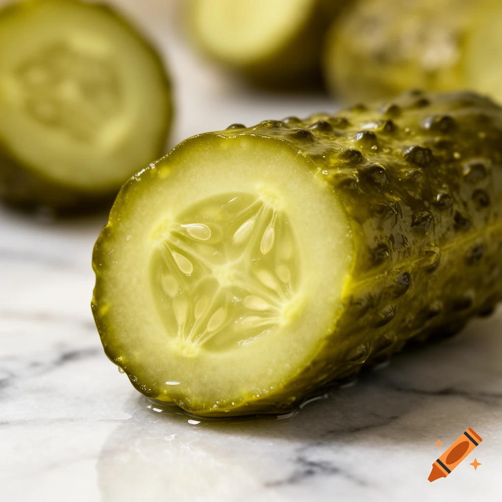 Close-up photorealistic image of a sliced pickle lying on a white ...