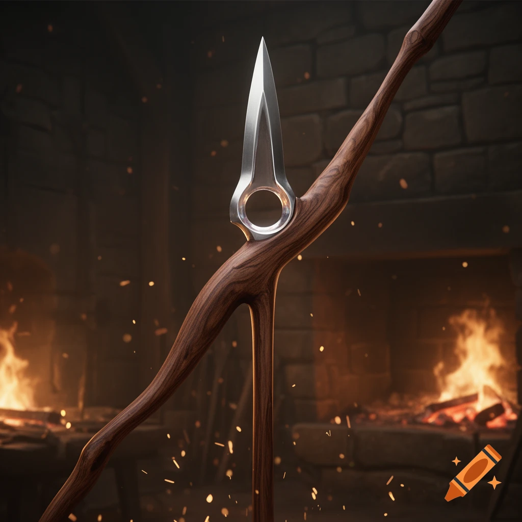 A close-up of a stylized wooden staff with a sharp metal blade and a ...