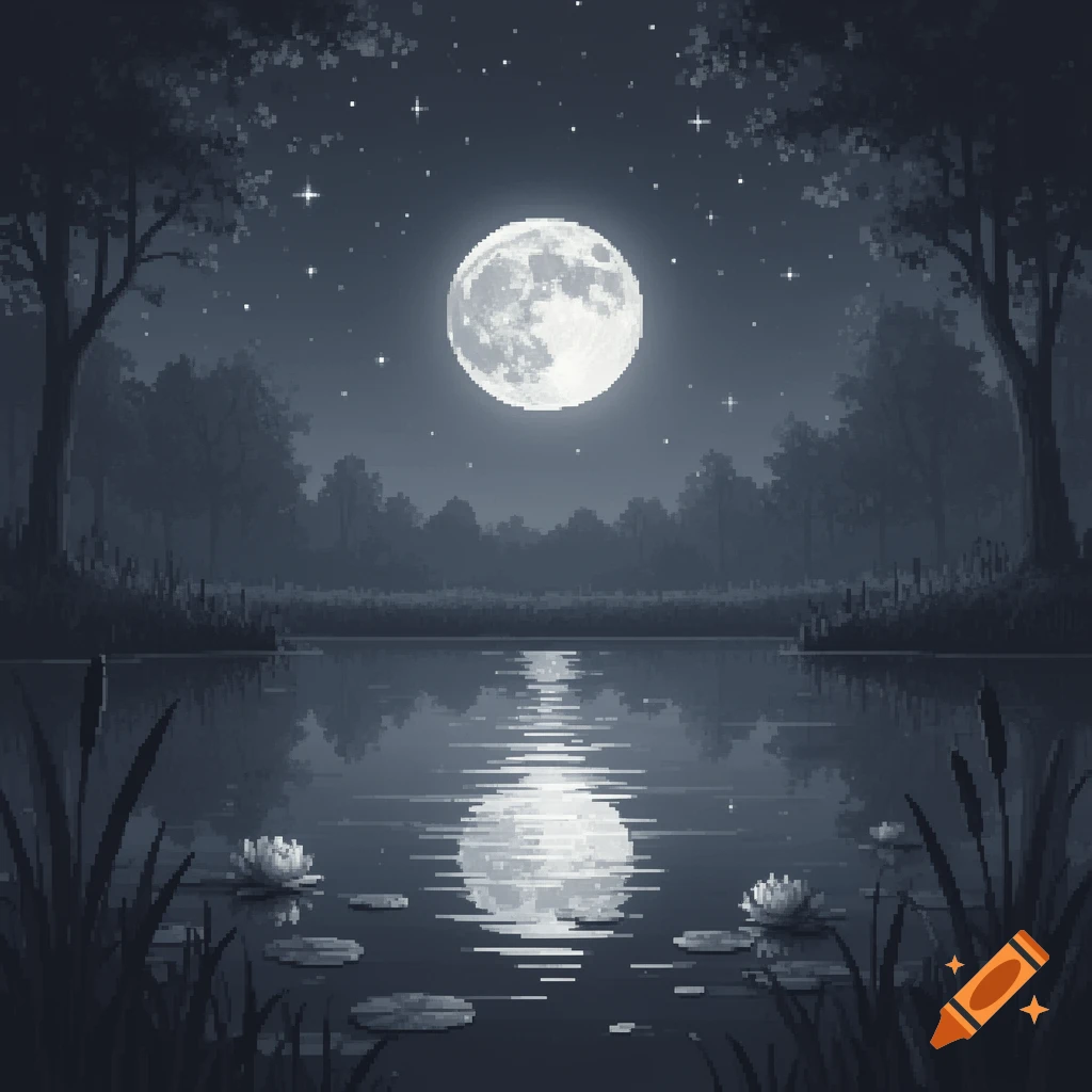 Pixel art of a bright full moon reflecting on a dark lake surrounded by ...