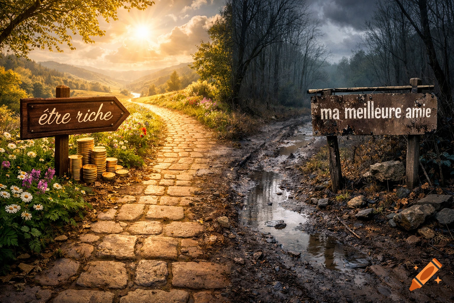A landscape split into two paths. Left: sunny, paved path with coins ...