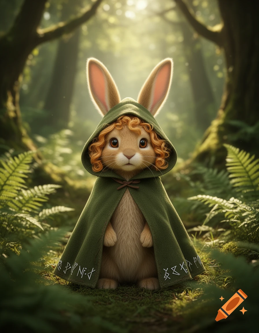 A cute, furry rabbit with red curly hair wears a green hooded cloak ...
