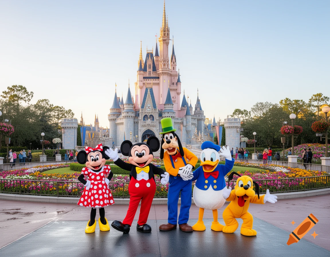 Mickey, Minnie, Goofy, Donald, and Pluto pose in front of Cinderella ...