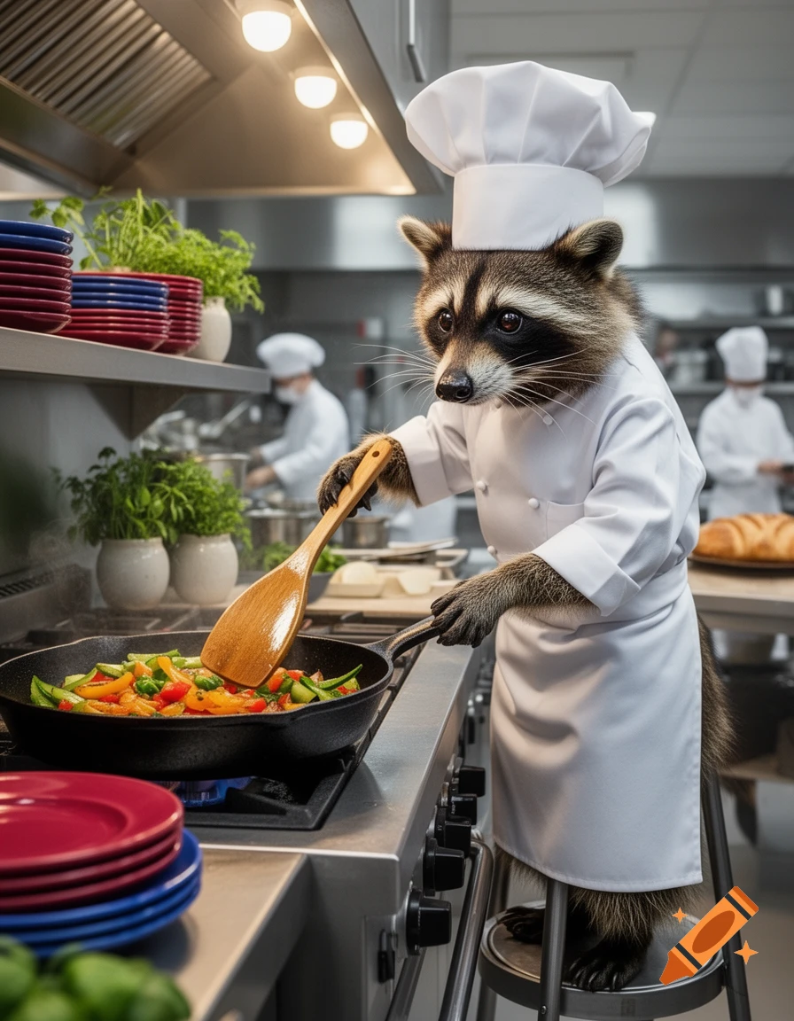 A photorealistic raccoon chef in a white uniform and toque stands on a ...