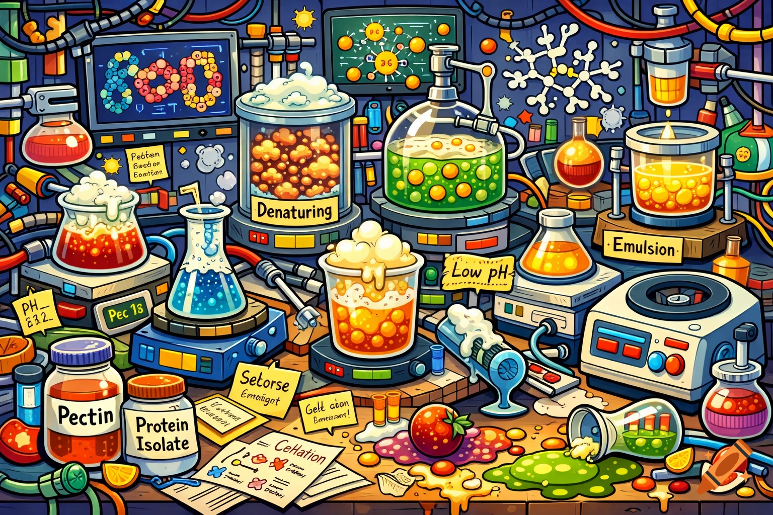 A vibrant, detailed cartoon of a chaotic food science laboratory with ...