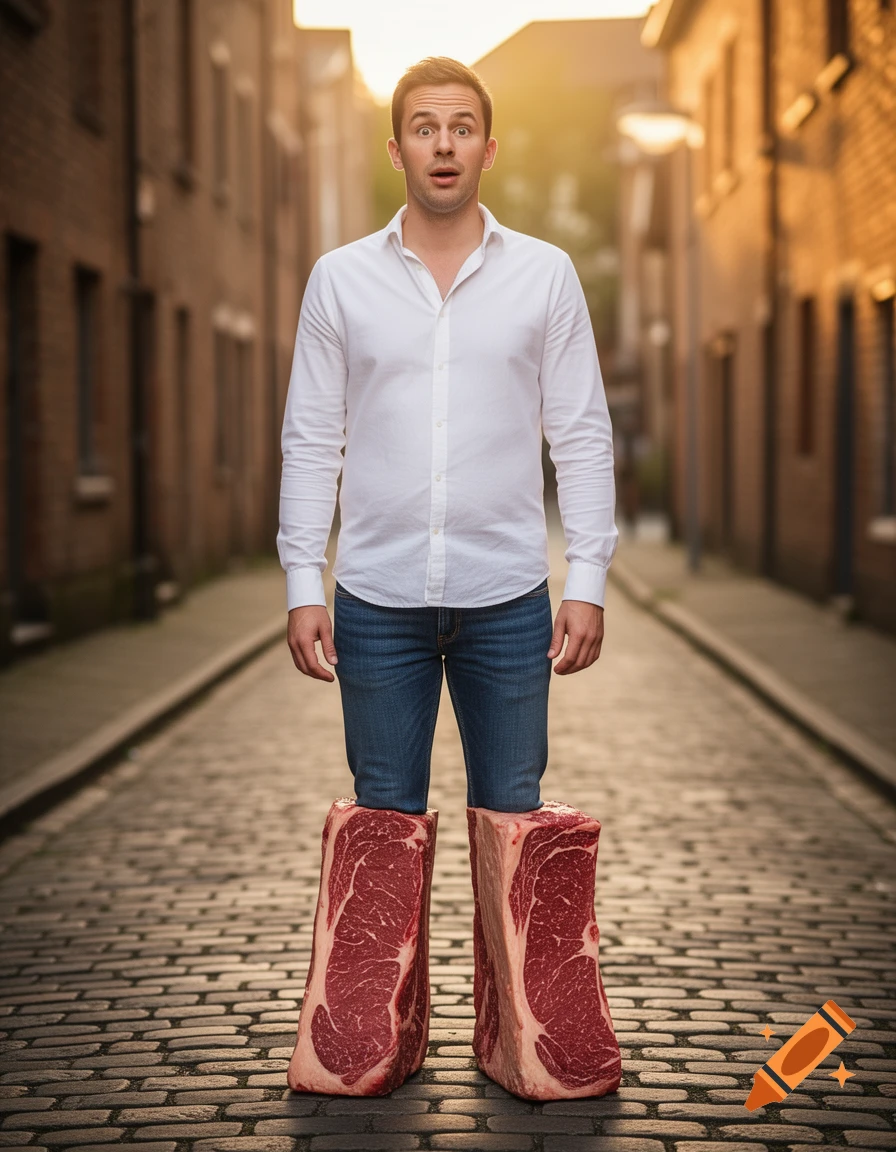 A surprised man stands in a cobblestone alley, his lower legs comically ...