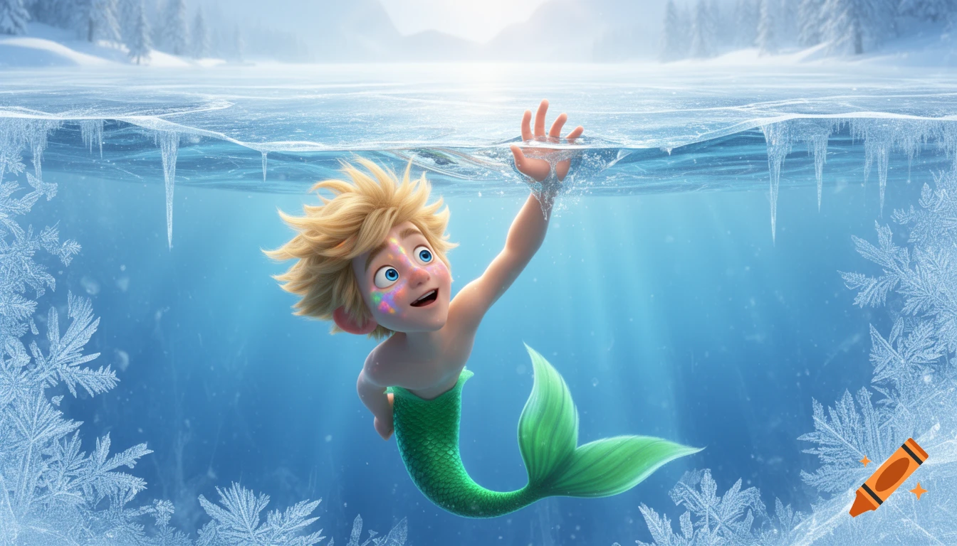 Cartoon merboy with blonde hair and a green tail reaches up through the ...