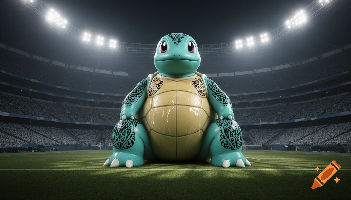 A giant, photorealistic Squirtle with black Polynesian tattoos sits on ...
