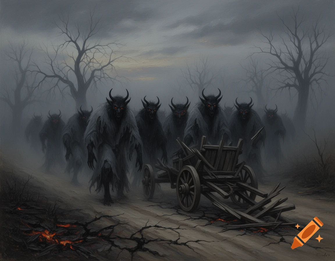 A group of horned, red-eyed, furry demons walk past a broken wooden ...