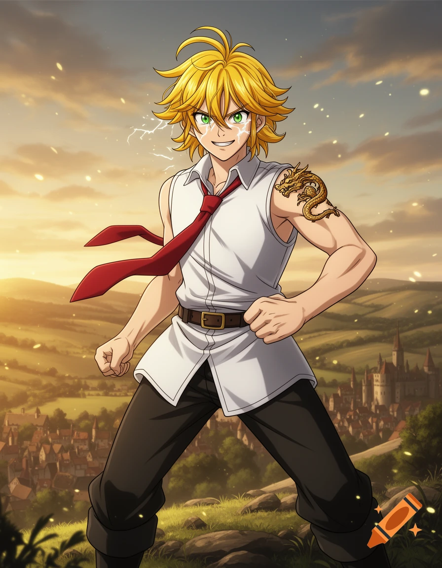 Anime character Meliodas with blond hair, green eyes, white shirt, red ...