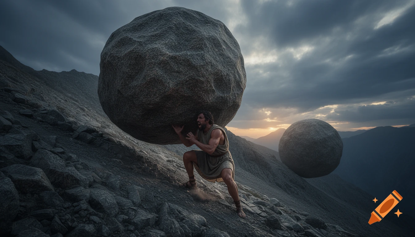 Sisyphus, a man in ancient Greek clothes, strains to push a massive ...