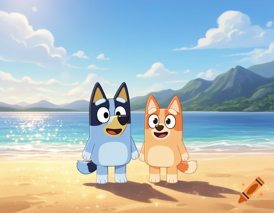 Bluey and Bingo stand smiling on a sunny beach with green mountains and ...
