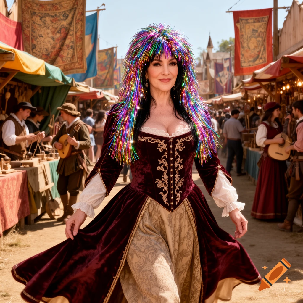 Cher in a vibrant tinsel wig and an elaborate maroon gown walking ...