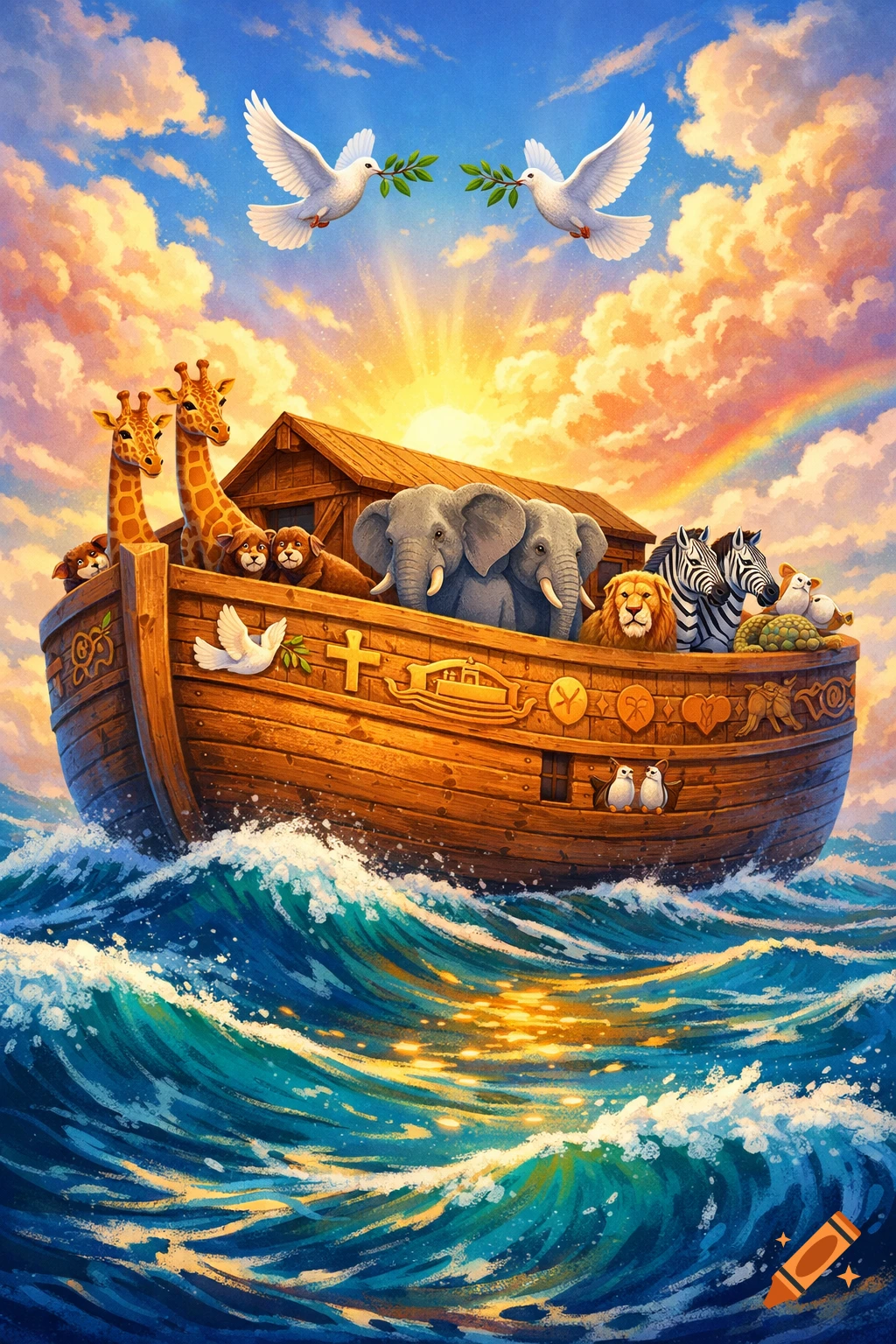Colorful illustration of Noah's Ark with pairs of animals, sailing on ...