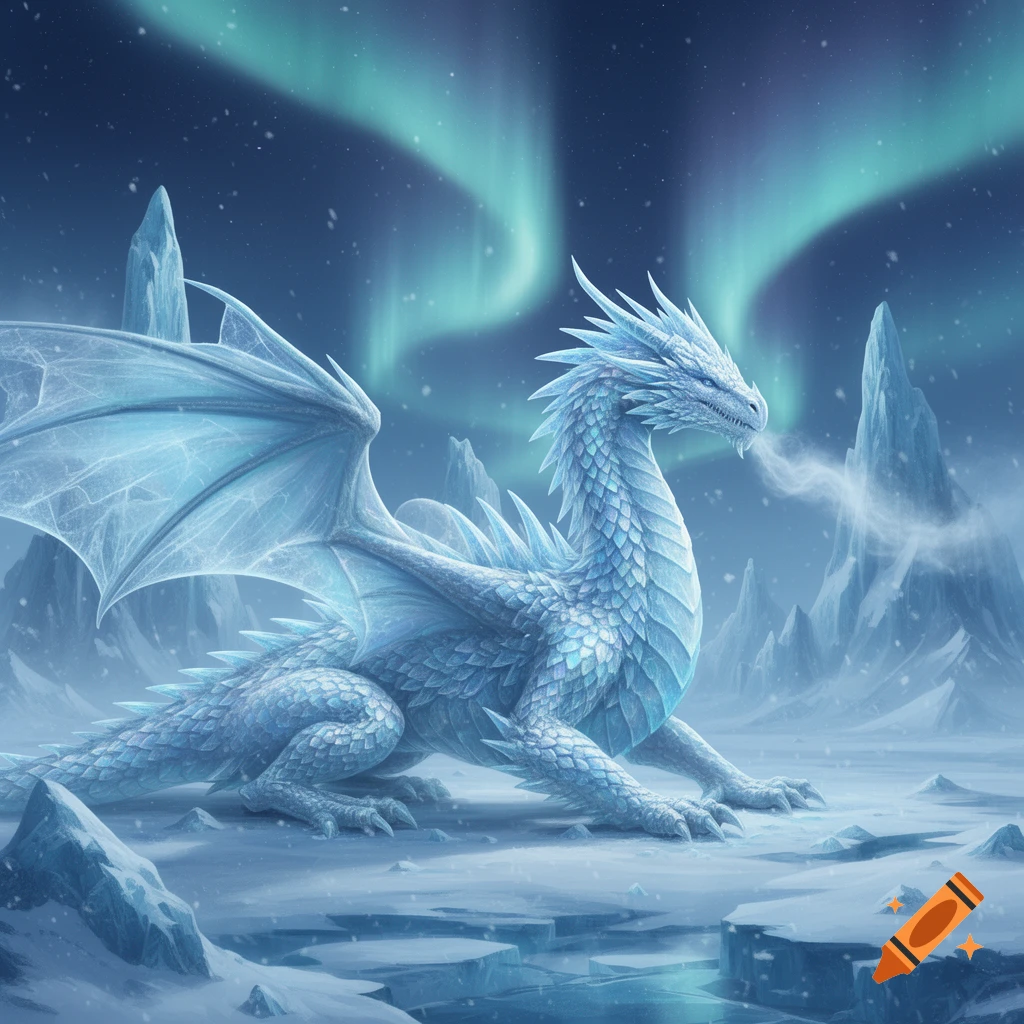 A majestic ice dragon with translucent wings exhales mist in a frozen ...