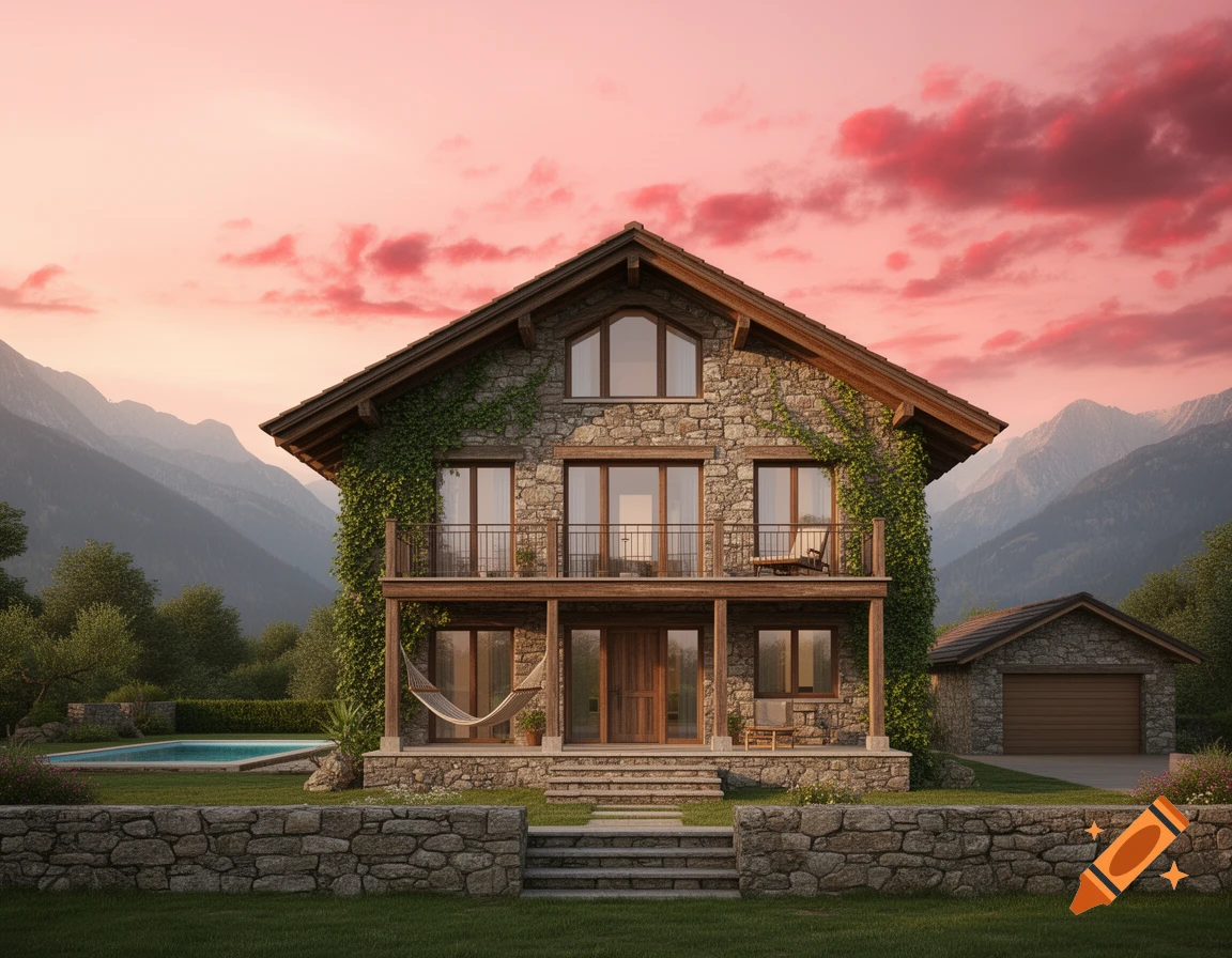 A rustic stone house with a balcony and hammock, nestled in a mountain ...