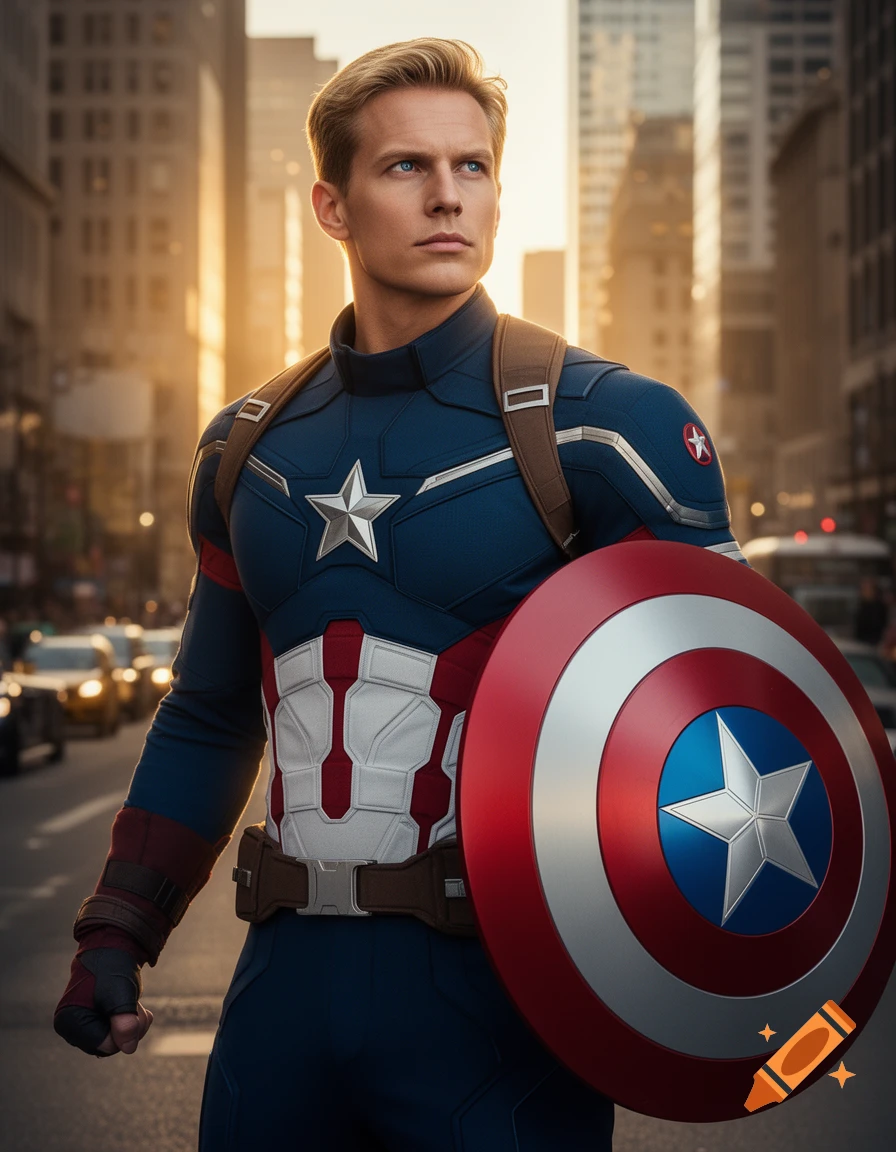 Photorealistic Captain America in his suit, holding a shield, standing ...
