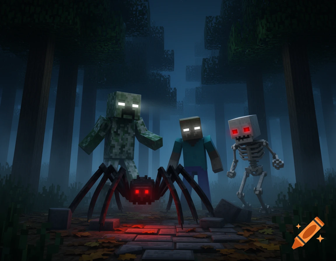 Minecraft zombie, Herobrine, spider with red eyes, and skeleton with ...