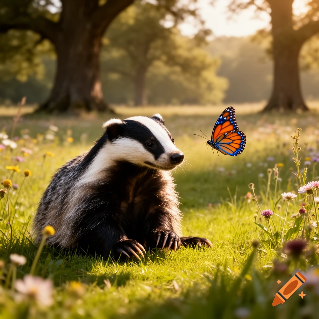 A photorealistic badger sits in a grassy field, looking at an orange ...