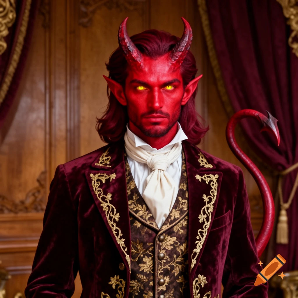 Photorealistic portrait of a red-skinned male tiefling with horns ...