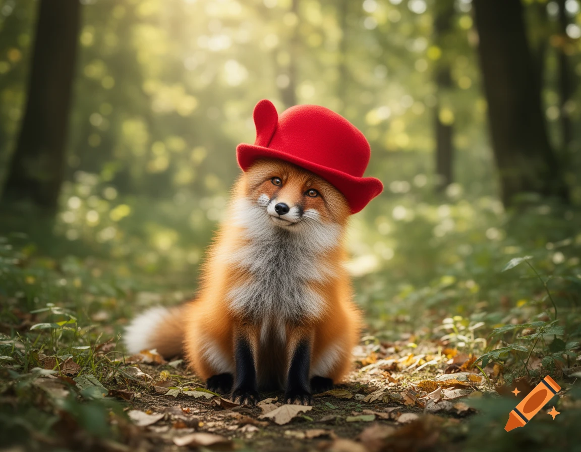 A fluffy red fox wearing a small red hat sits in a sunlit forest ...