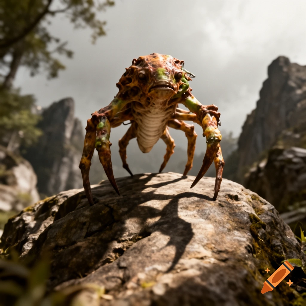 A photorealistic alien arthropod creature, with a bumpy brown and green ...