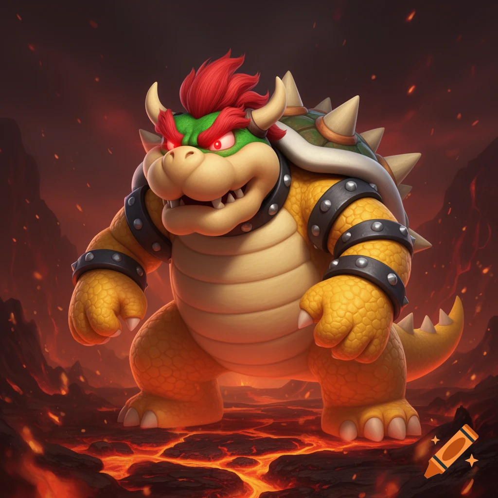 Bowser, the King Koopa, stands defiantly in a fiery volcanic landscape ...