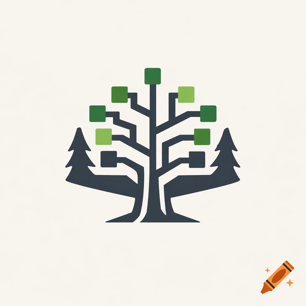 Minimalist logo featuring a tree with circuit board branches and square ...